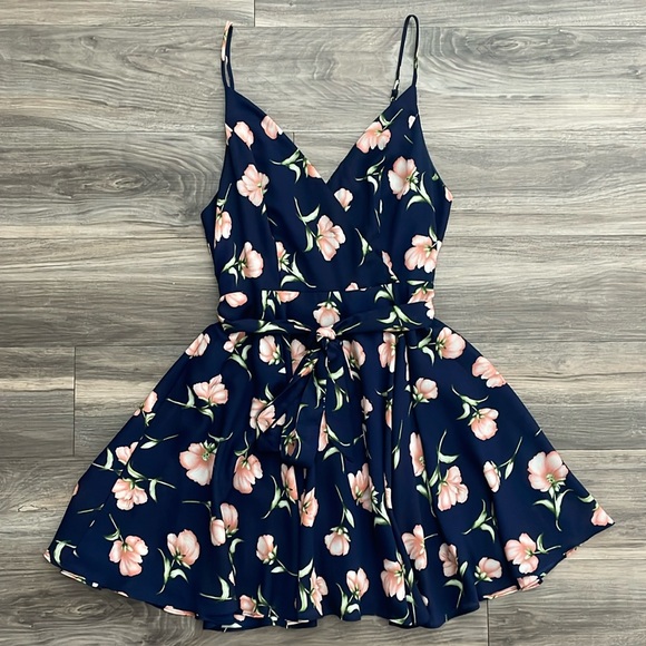 essue | Dresses | Essue Navy Blue With Pink Floral Surplice Spaghetti ...